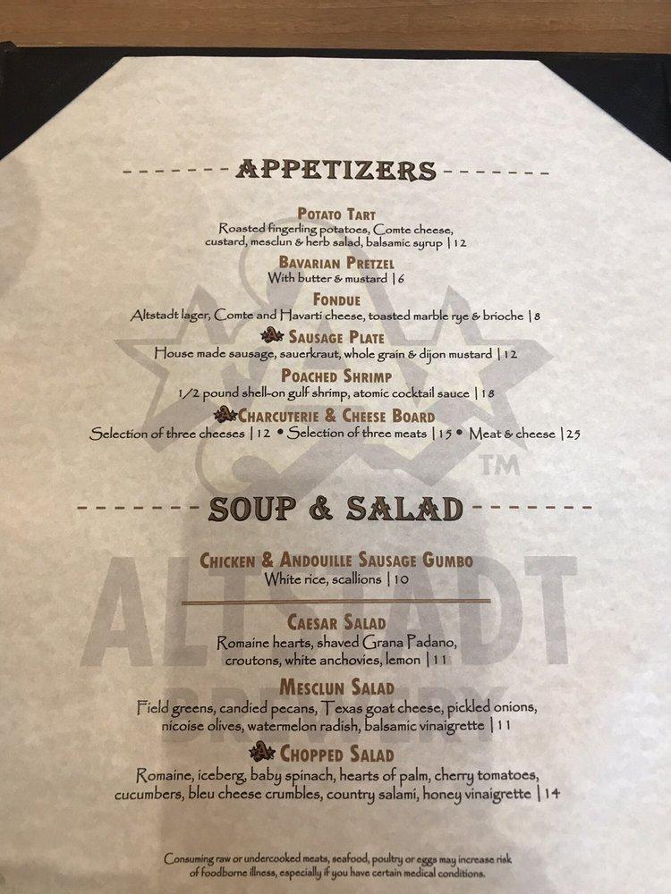 Menu at Altstadt Brewery restaurant, Fredericksburg