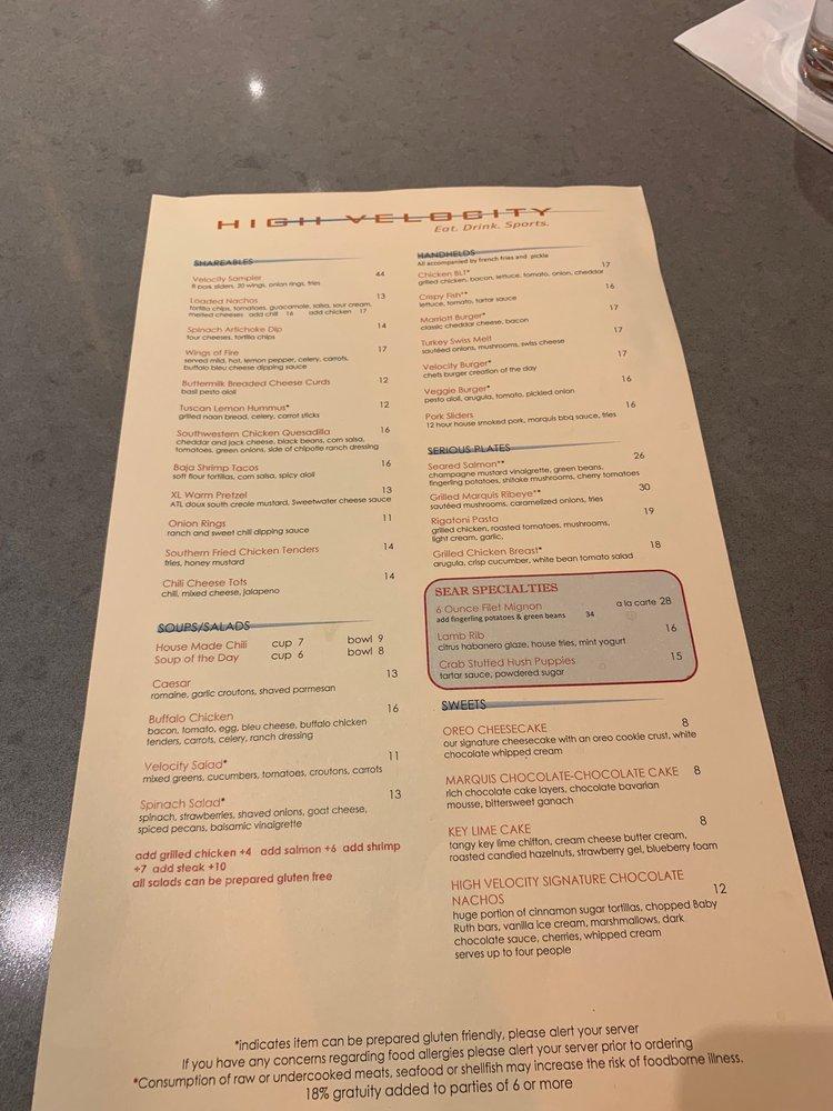 Menu at High Velocity pub & bar, Atlanta