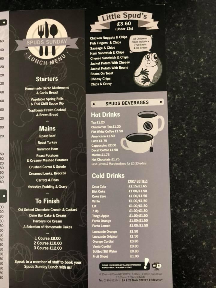 Menu at Spuds & Co cafe, Egremont