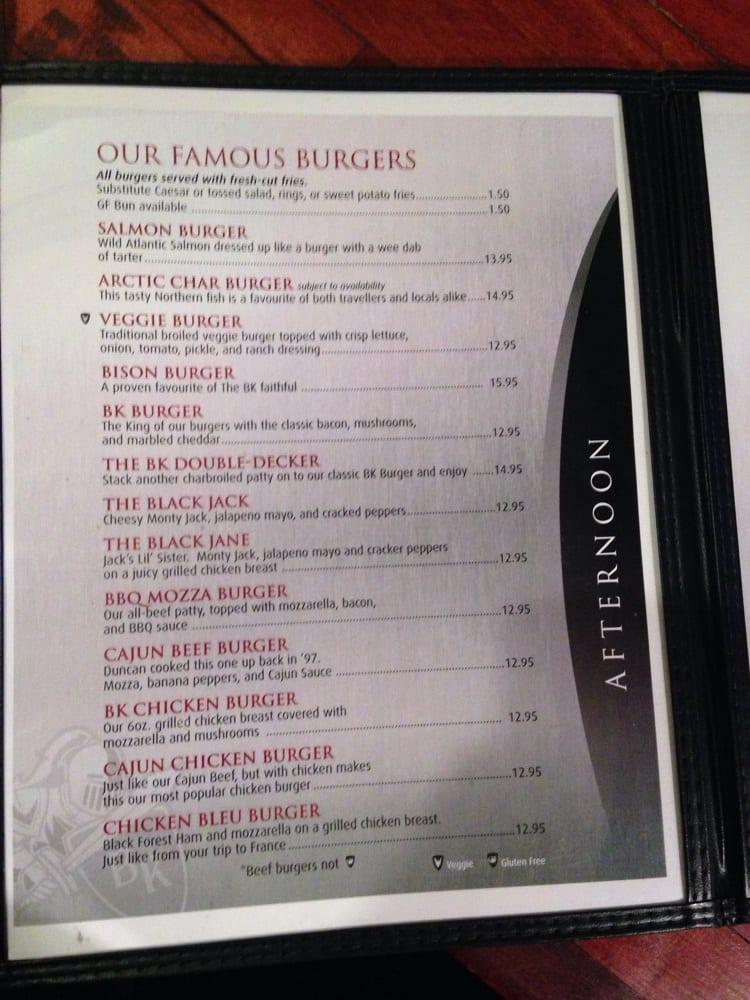 Menu at The Black Knight Pub, Yellowknife