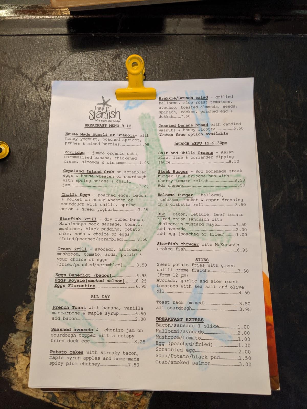 Menu at The Starfish cafe, Bangor
