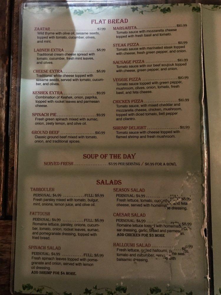 Menu at Beirut Restaurant, Jacksonville