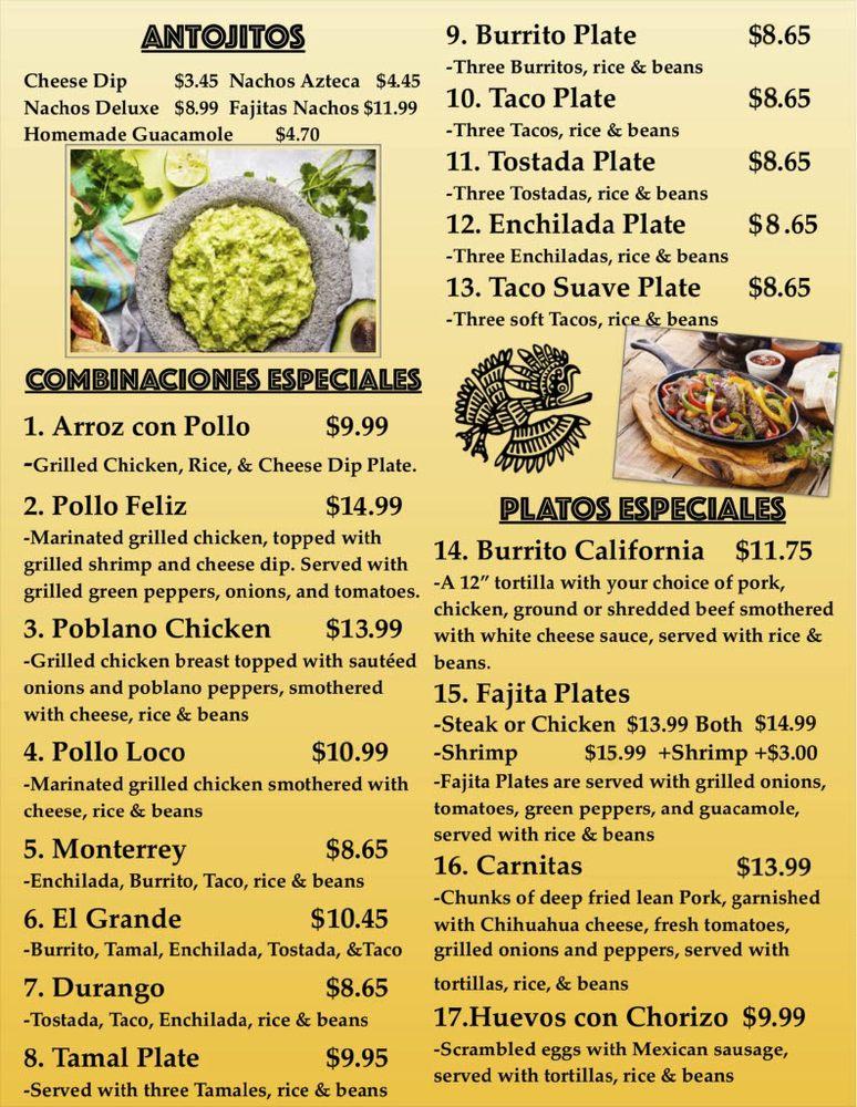 Menu at Casa Azteca restaurant, O'Fallon, 501 W W Hwy 50