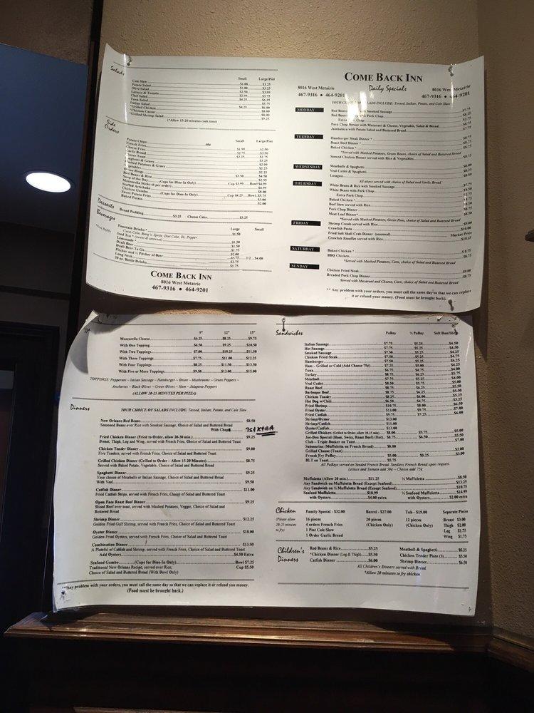 Menu at Come Back Inn restaurant, Metairie, W Metairie Ave