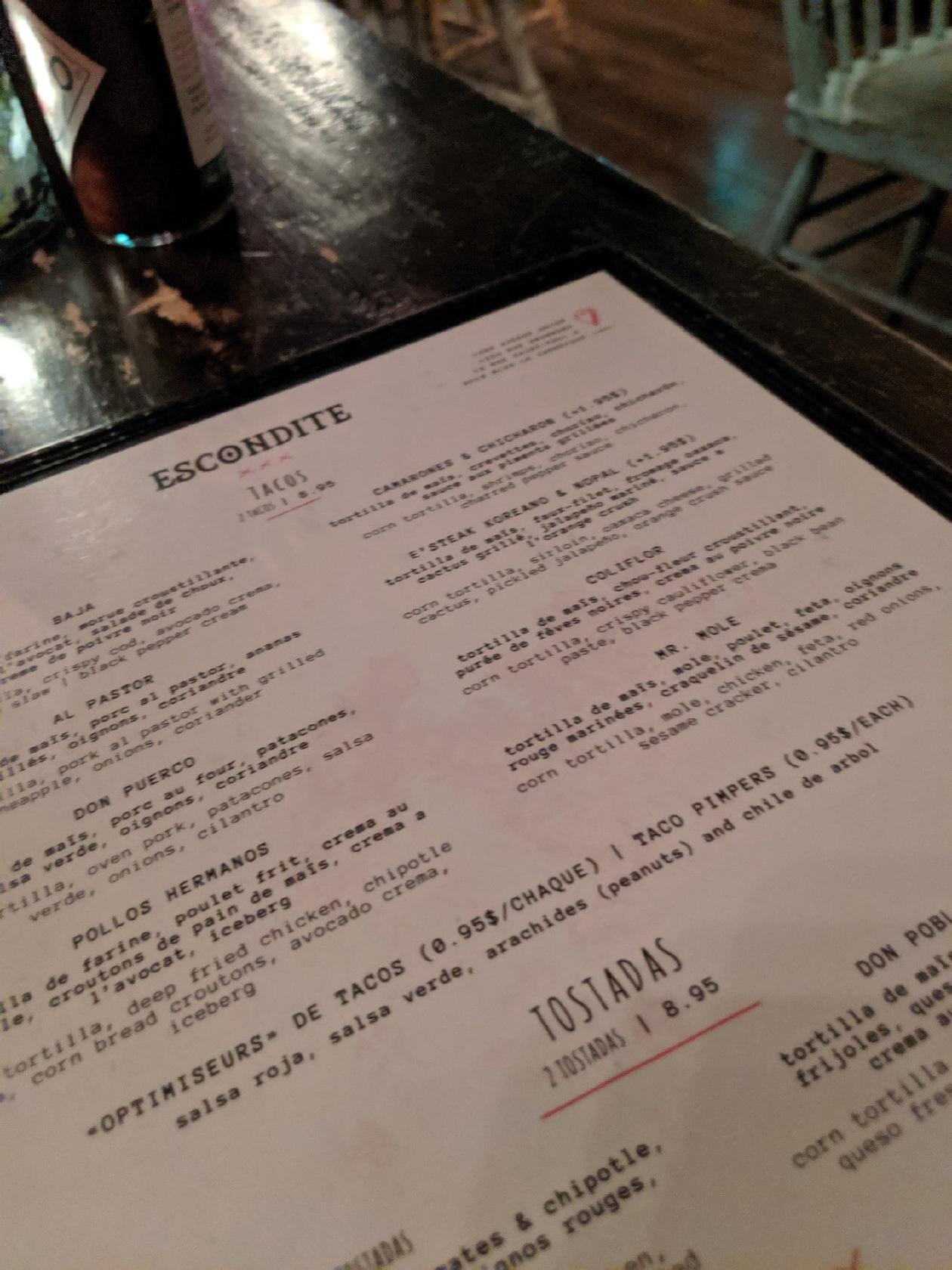 Menu at Escondite Union pub & bar, Montreal, Union Ave