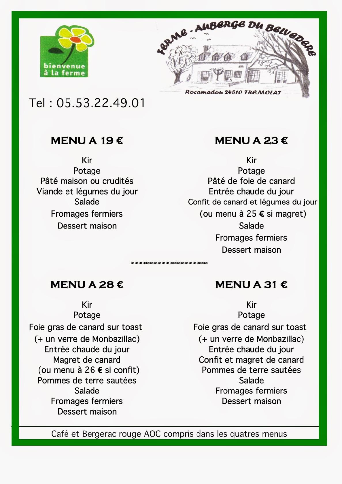 Carta del restaurante Ferme - Auberge du Belvédère, Trémolat