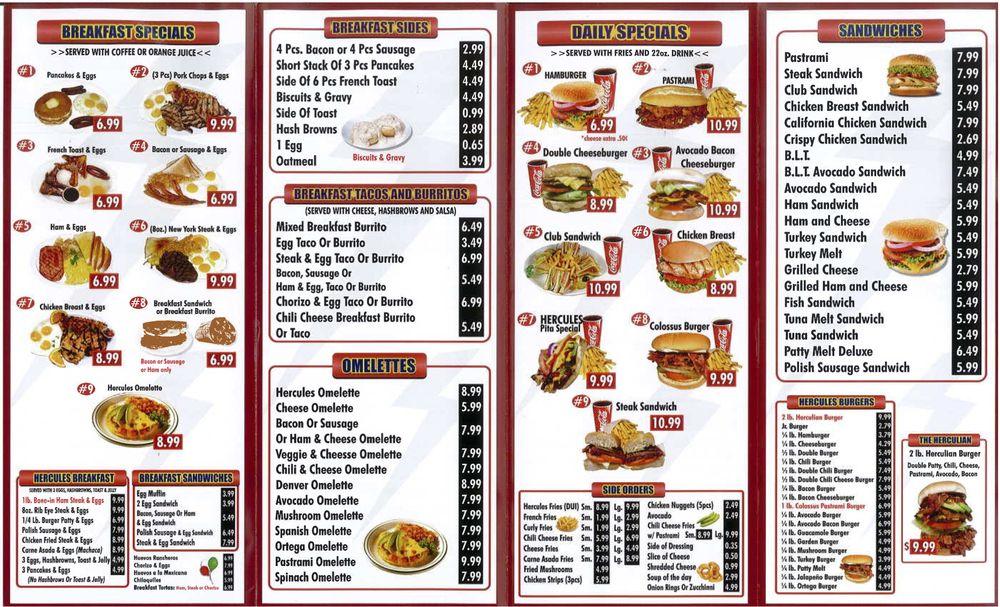 Menu at Hercules Burgers fast food, Lynwood