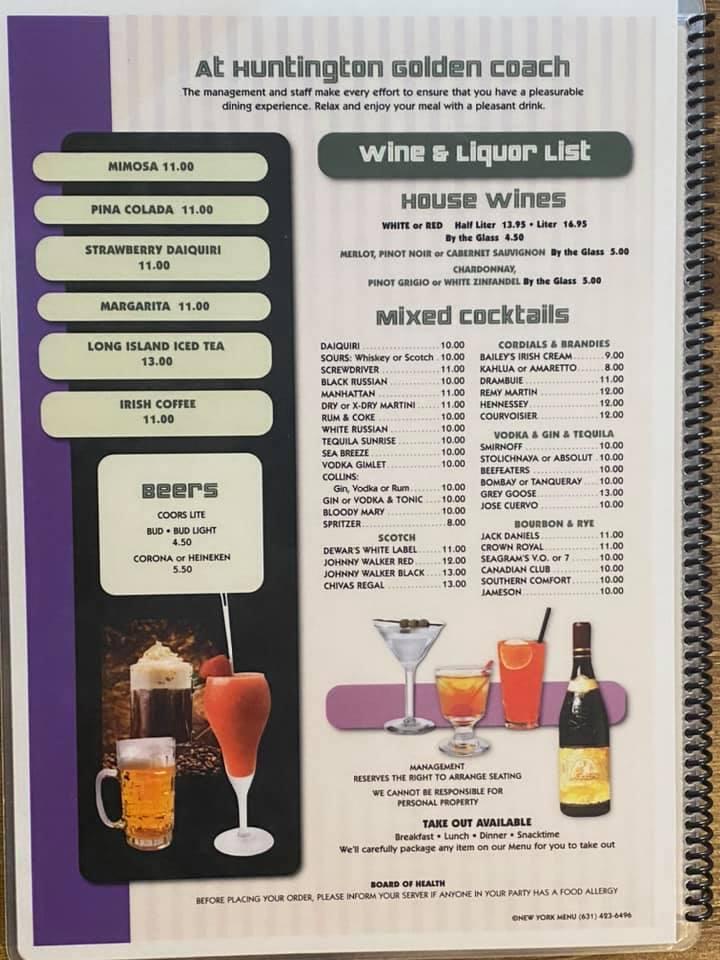 Menu at Huntington Golden Coach Diner restaurant, Huntington