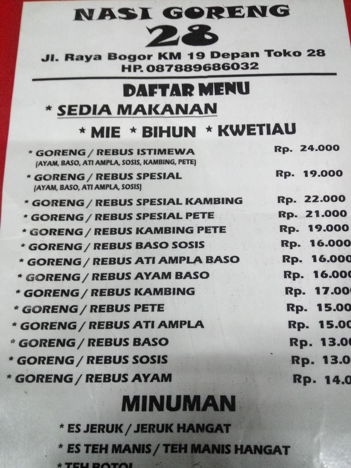 Menu at Nasi Goreng "28" restaurant, East Jakarta