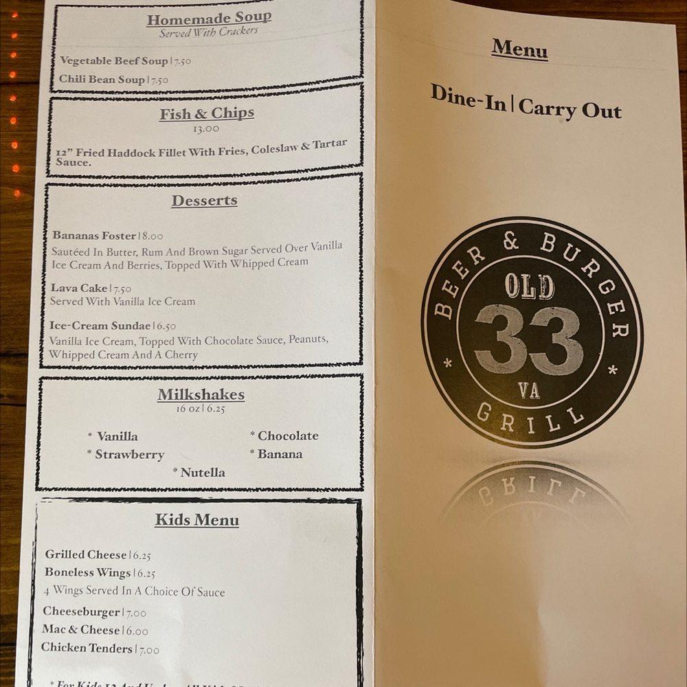 Menu at Old 33 Beer & Burger Grill, Inc. pub & bar, Elkton