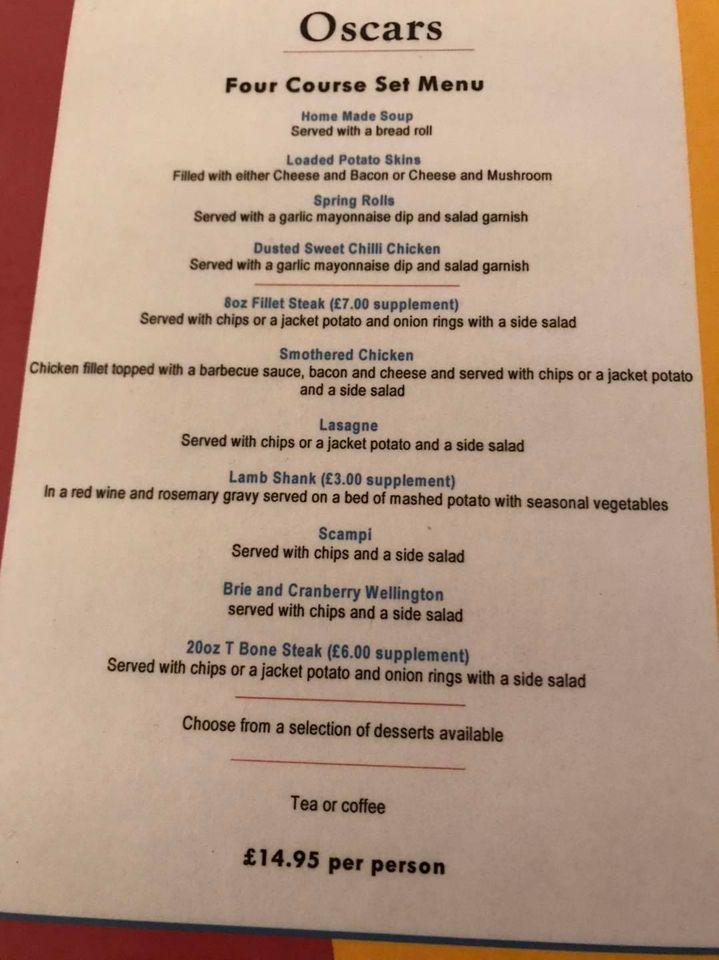 Menu at Oscar's Restaurant, Newcastle-under-Lyme