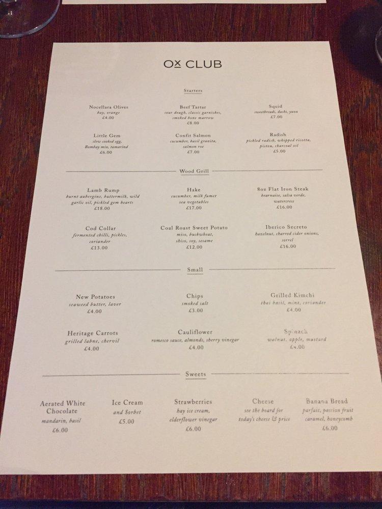 Menu at Ox Club, Leeds