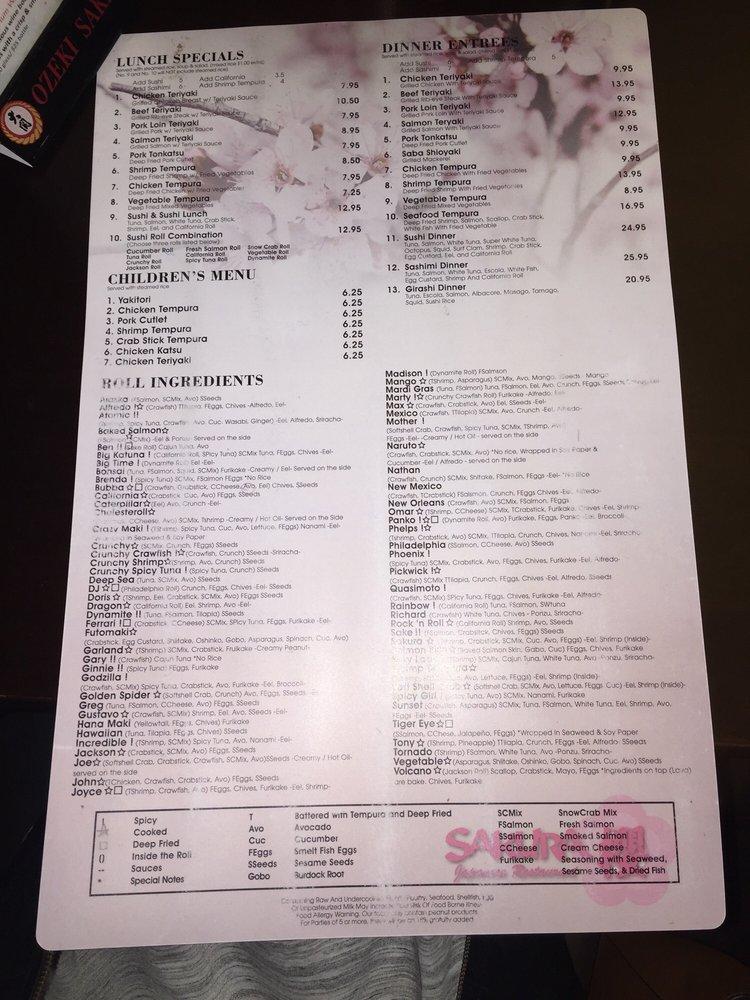 Menu at Sakura Japanese Restaurant - East Memphis, Memphis, Poplar Ave