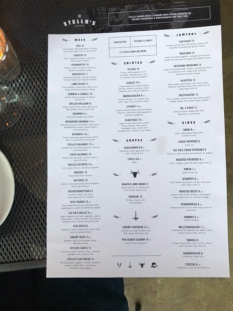Menu at Stella's restaurant, Charleston, 114 St Philip St A