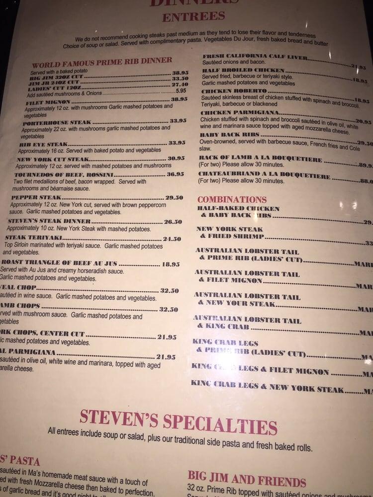 Menu at Steven's Steak & Seafood House steakhouse, Commerce