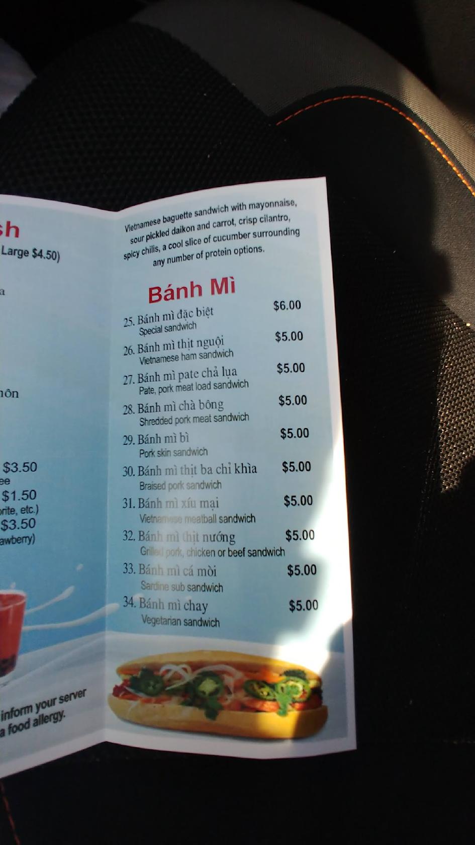 Menu at Banh mi & bubble tea restaurant, Cranston