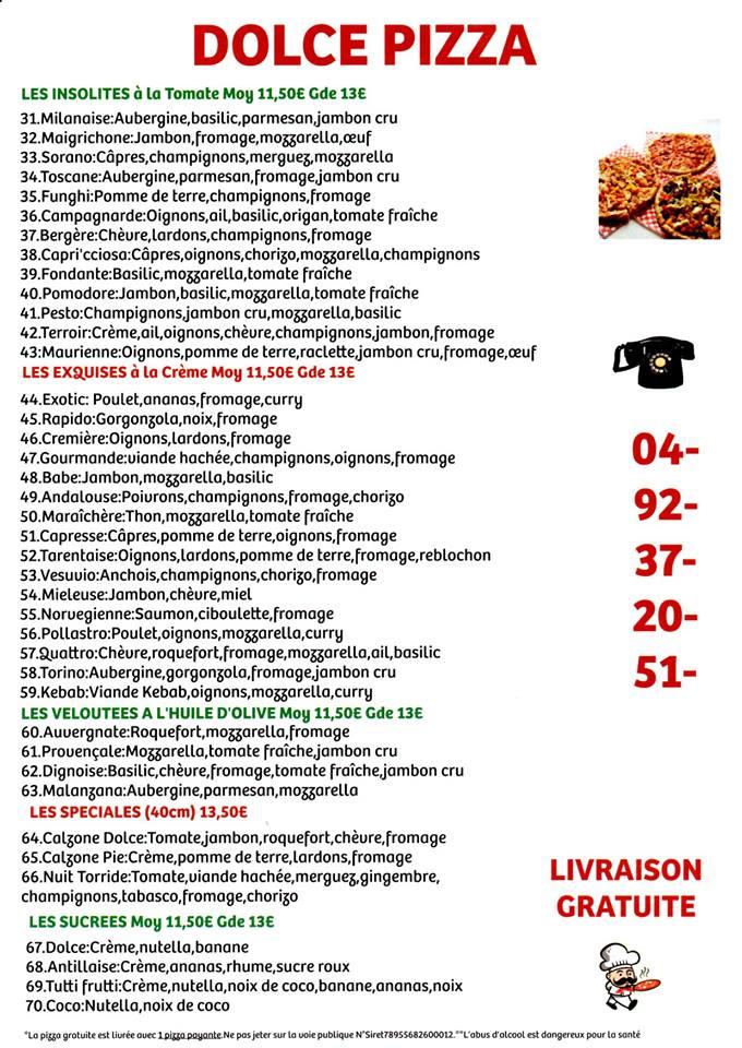 Menu at Dolce Pizza pizzeria, Digne