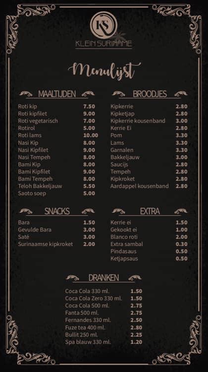 Menu at Klein Suriname, Gouda
