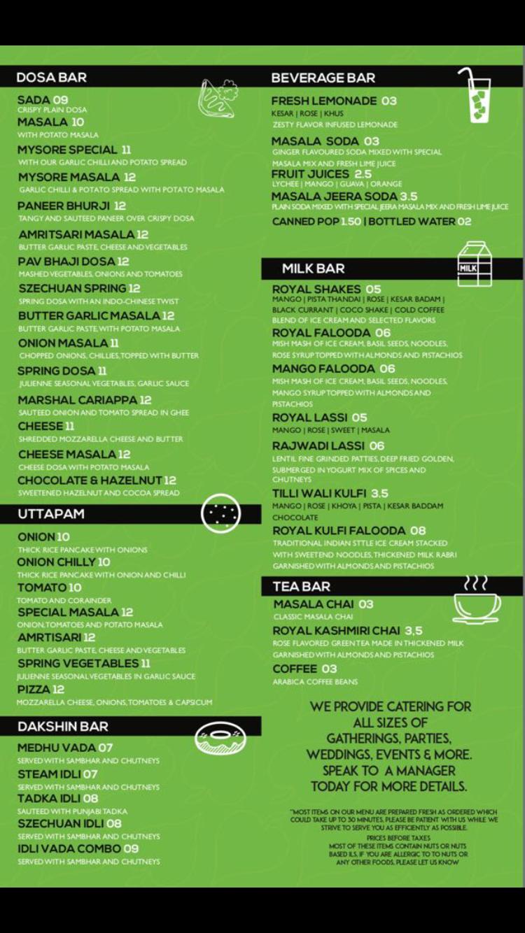 Menu at Royal Paan restaurant, Regina