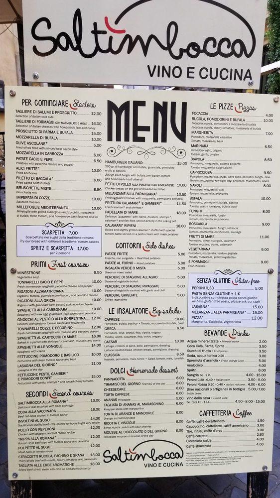 Menu at Saltimbocca ristorante, Rome