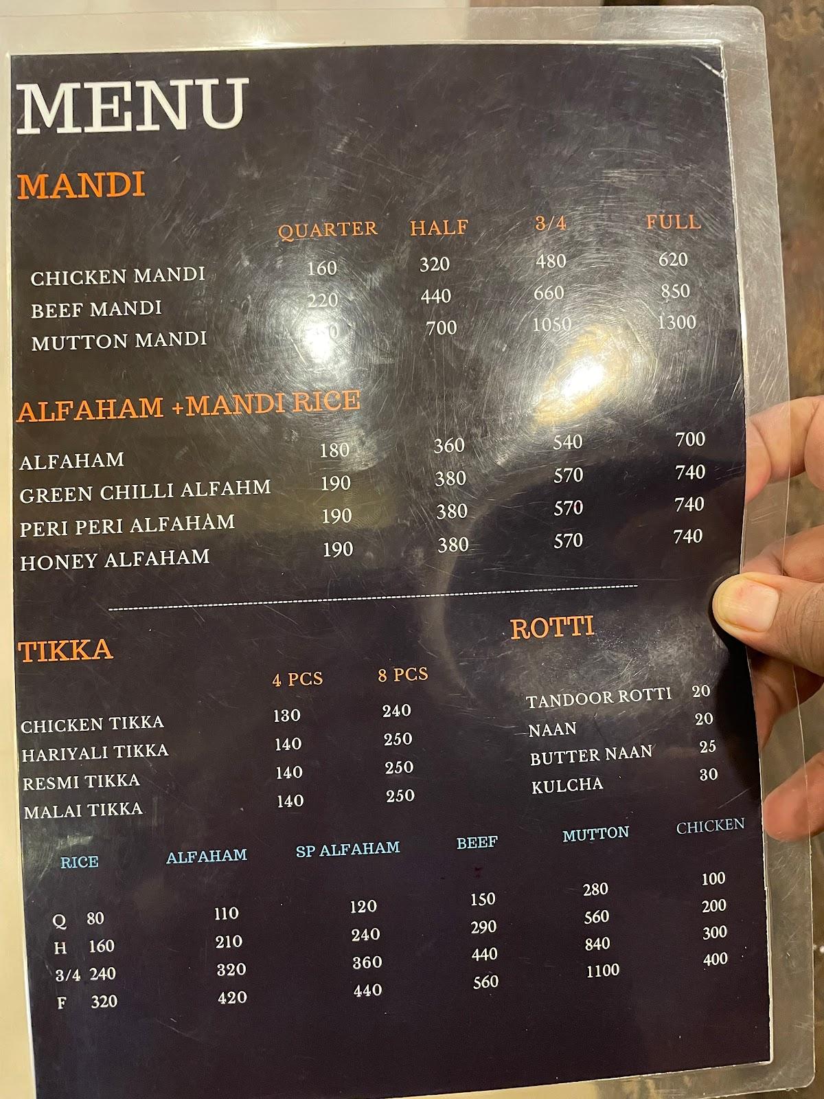 Menu at Soofi Mandi, Thrissur