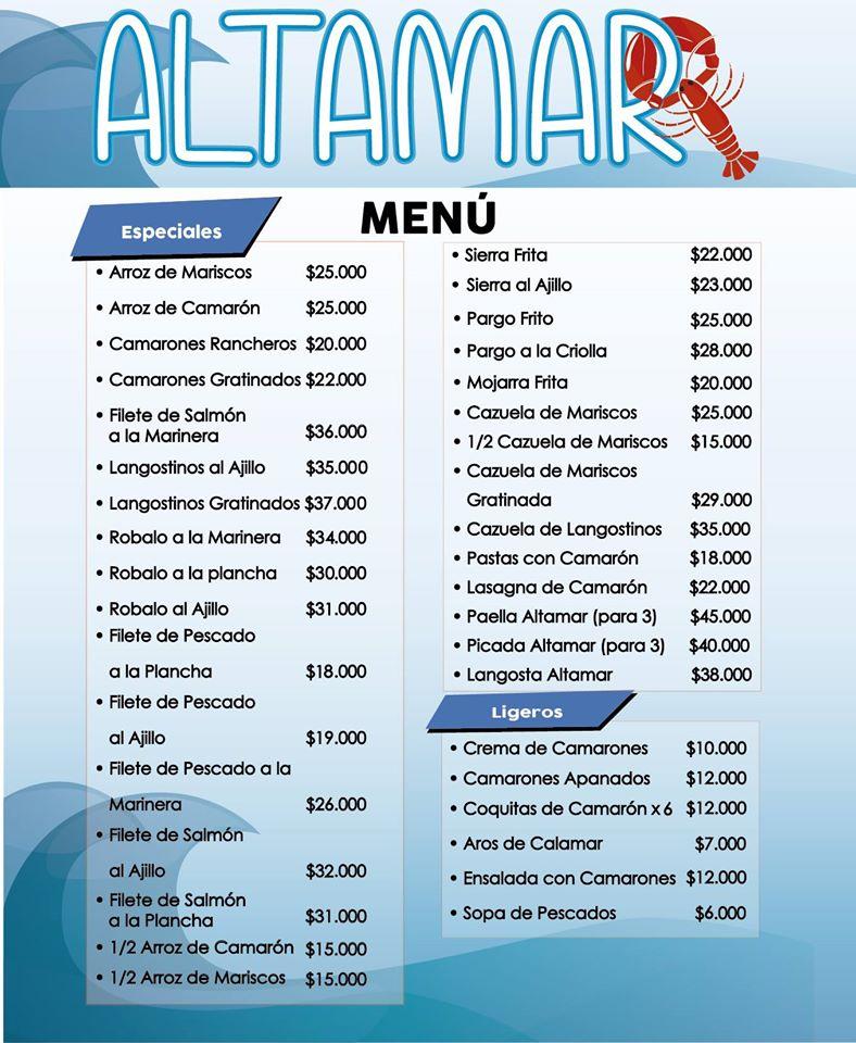 Menu at Altamar restaurant, Valledupar
