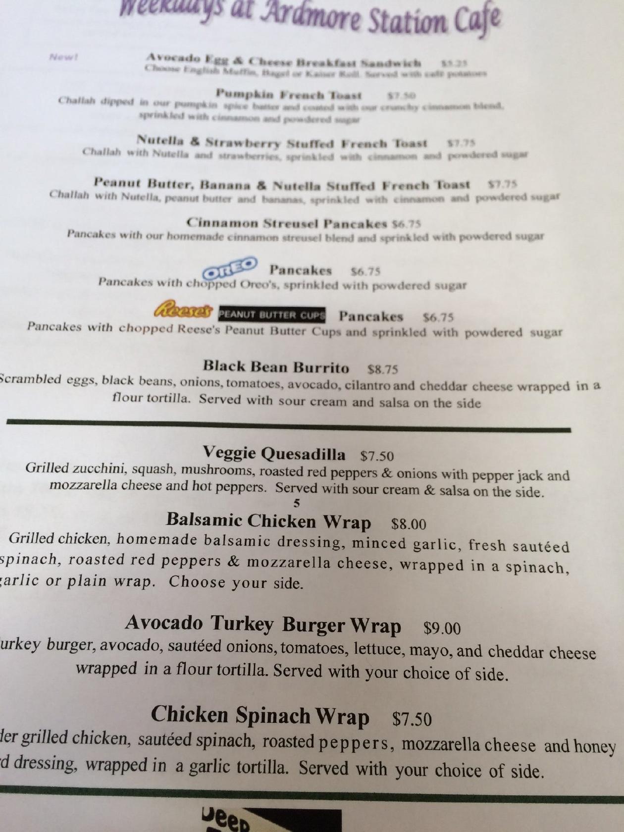 Menu at Ardmore Station Cafe, Ardmore