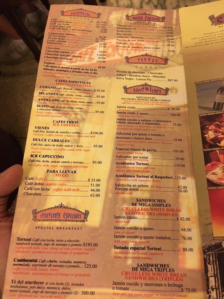Menu at Café Tortoni, Buenos Aires, Av. de Mayo 825