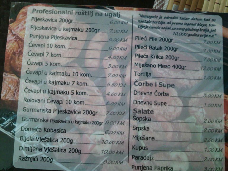 Menu at Kuca Hrane TORTILJA BRCKO restaurant, Brčko