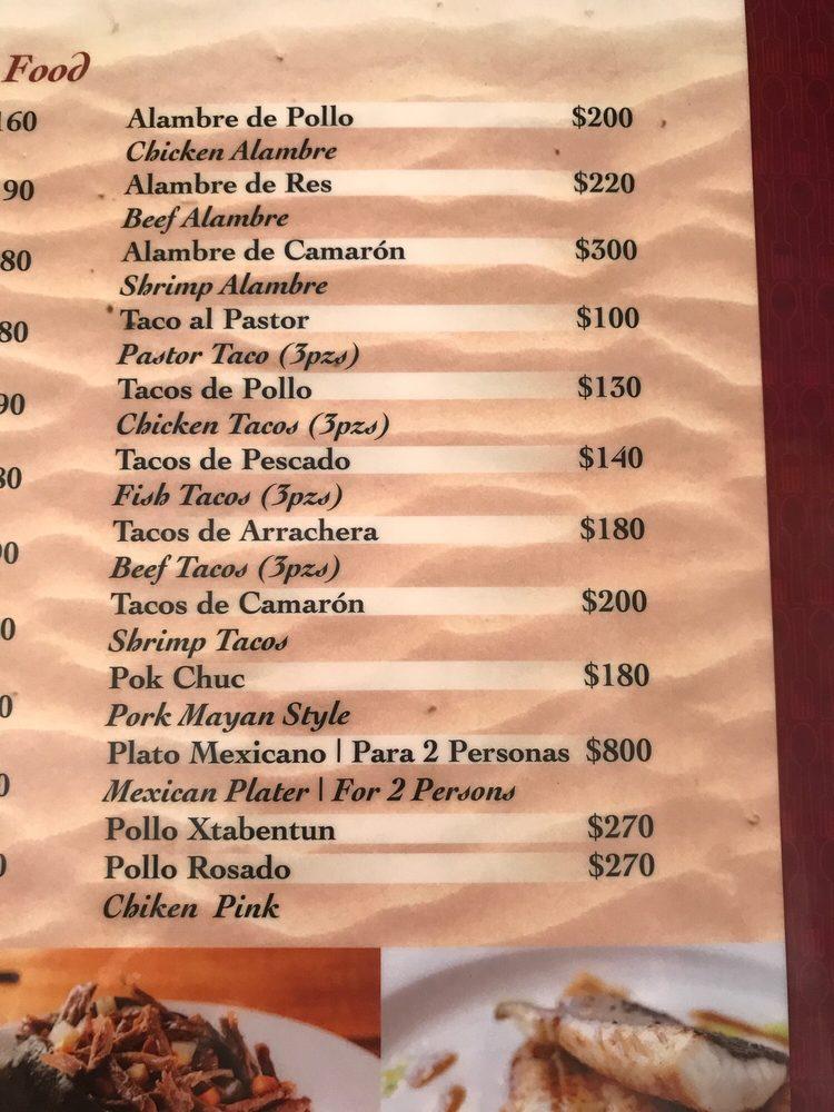 Menu at Papacito restaurant, Puerto Aventuras