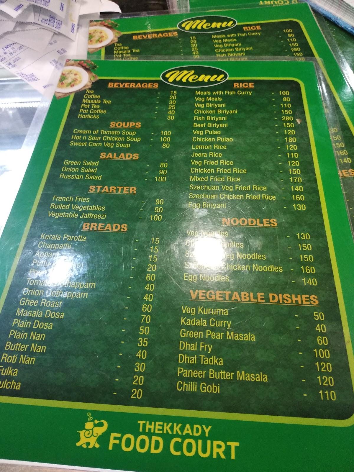 Menu at Thekkady Food Court, Periyar