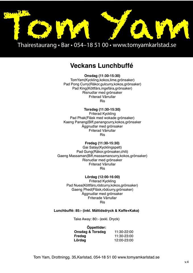 Menu at Tom Yam pub & bar, Karlstad