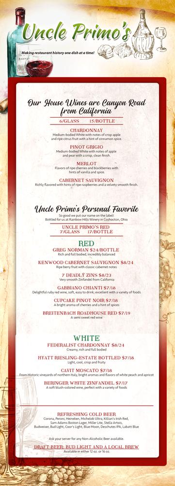 Menu at Uncle Primo's steakhouse, New Philadelphia