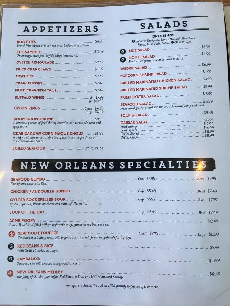 Menu at Acme Oyster House restaurant, Gulf Shores