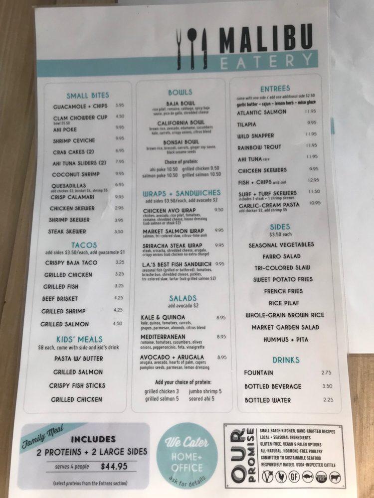 Menu at Malibu Eatery restaurant, El Segundo