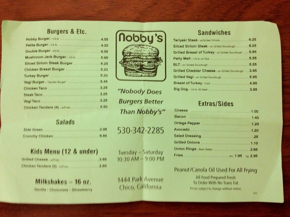 Menu at Nobby's restaurant, Chico
