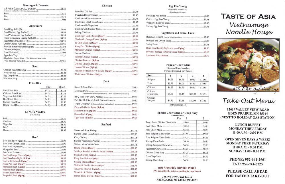 Menu at Taste of Asia restaurant, Eden Prairie