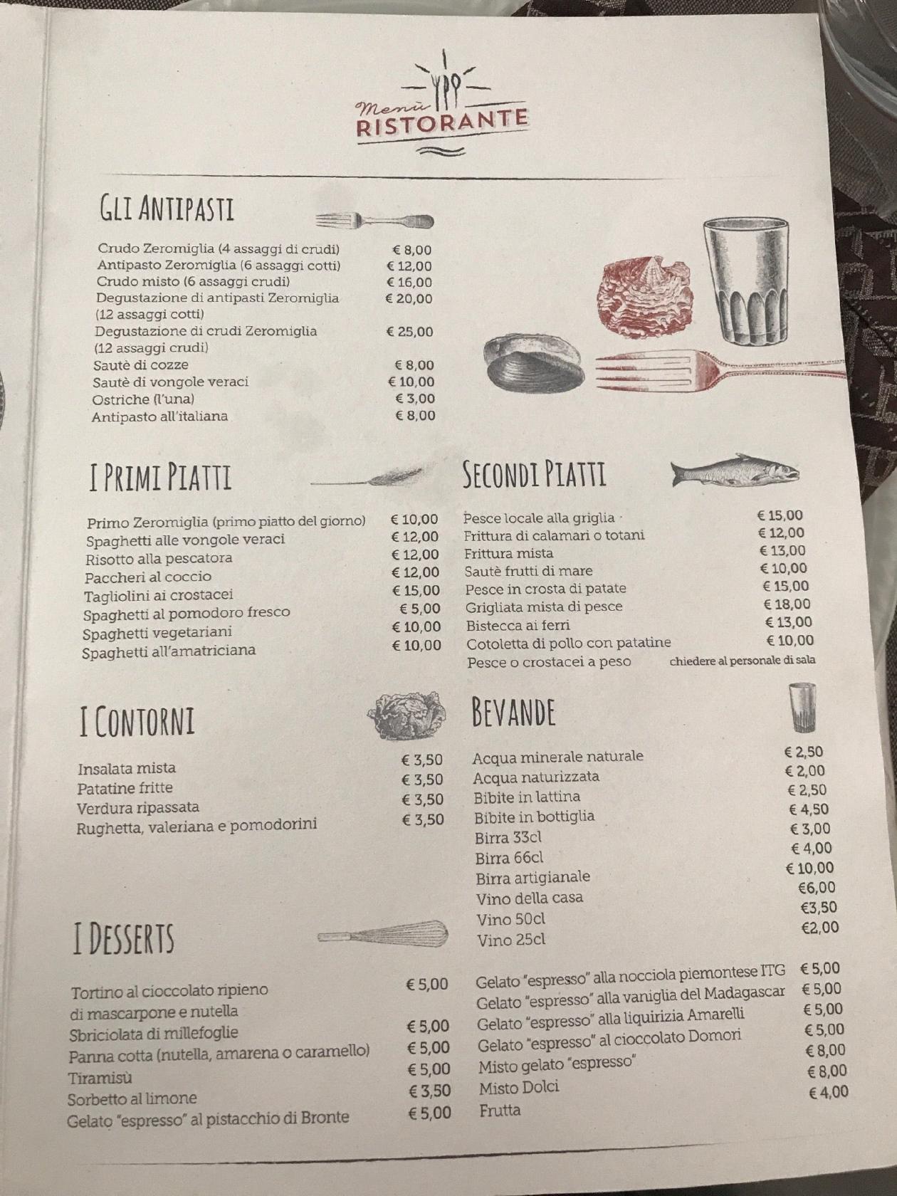 Menu at Zero Miglia restaurant, Nettuno