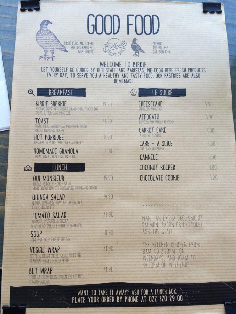 Menu at Birdie Food & Coffee, Geneva