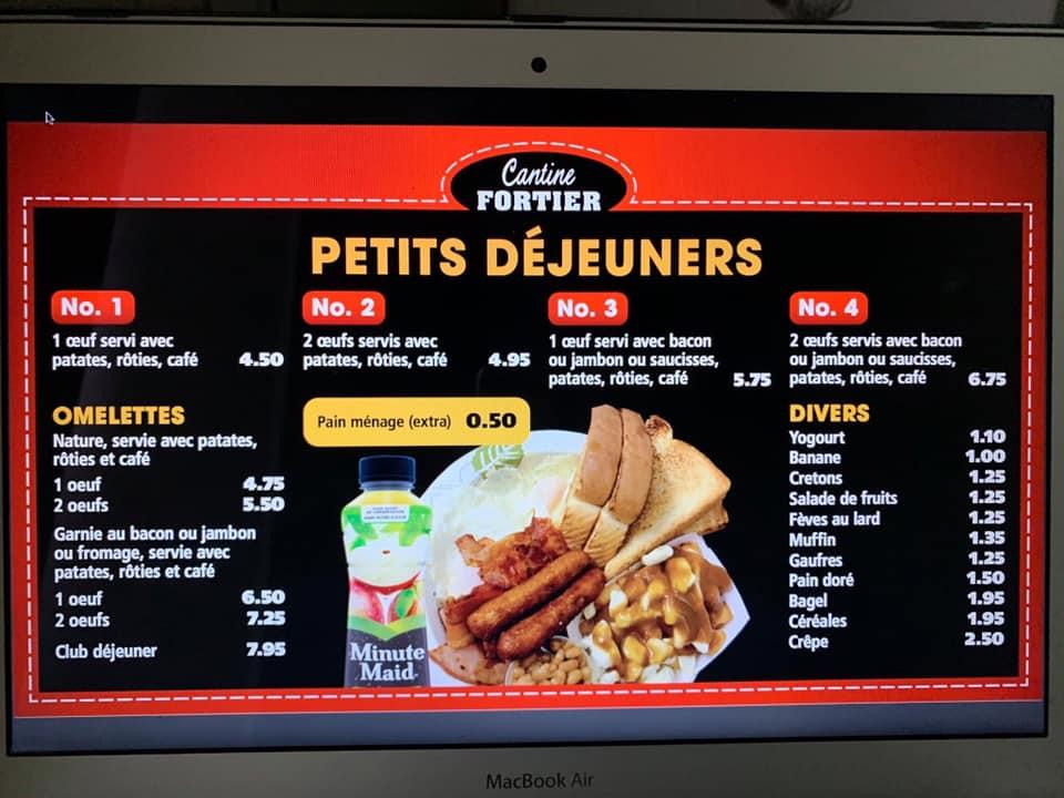 Menu au Cantine Fortier restaurant, Amqui