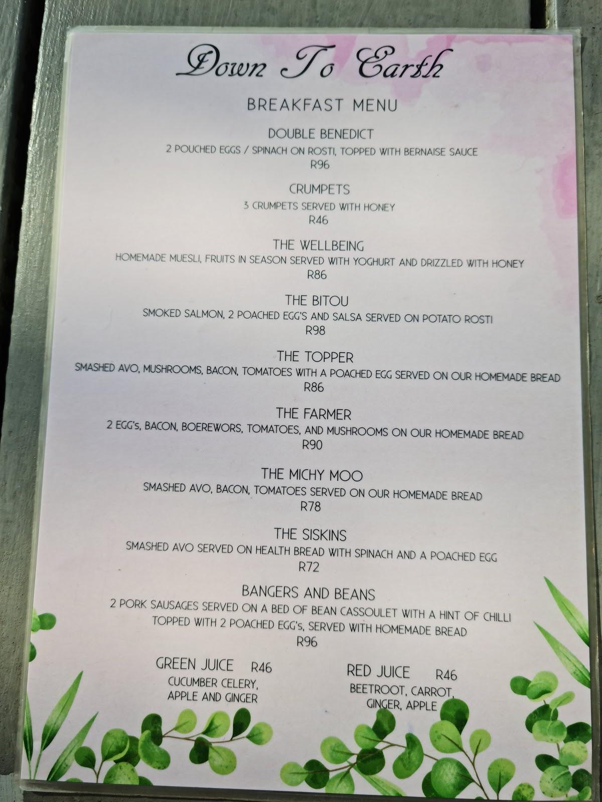 Menu at Down to Earth restaurant, Plettenberg Bay