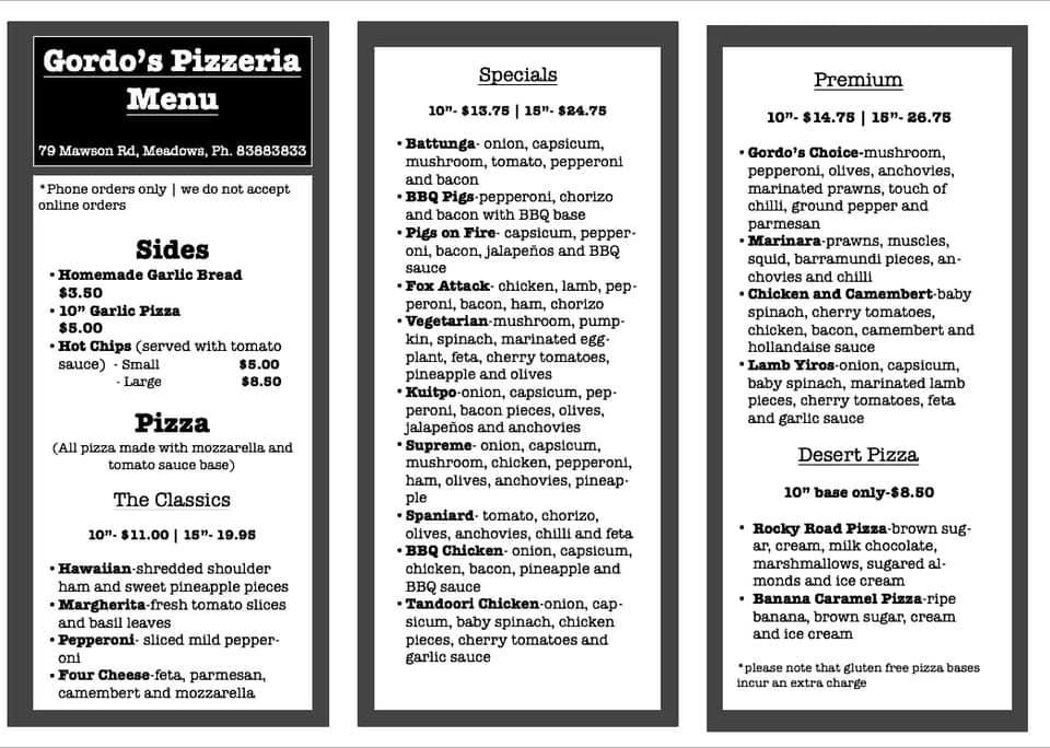 Menu at Gordo's Cafe & Pizzeria, Meadows