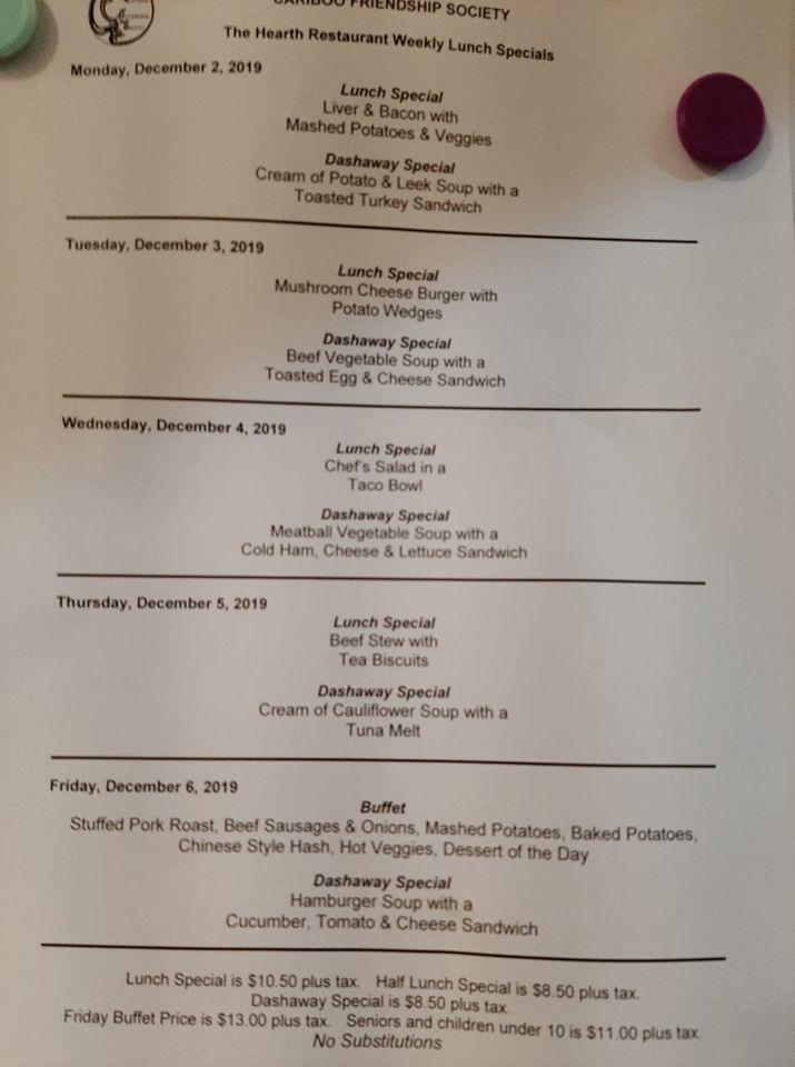 Menu at Hearth Restaurant, Williams Lake