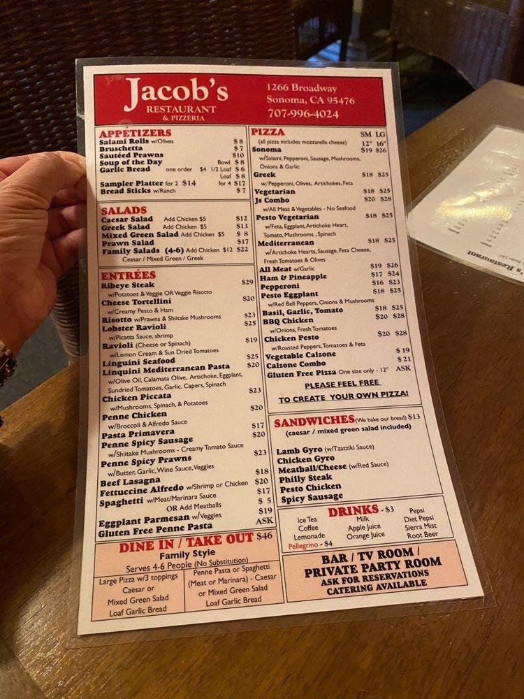 Menu at Jacob’s Restaurant, Sonoma