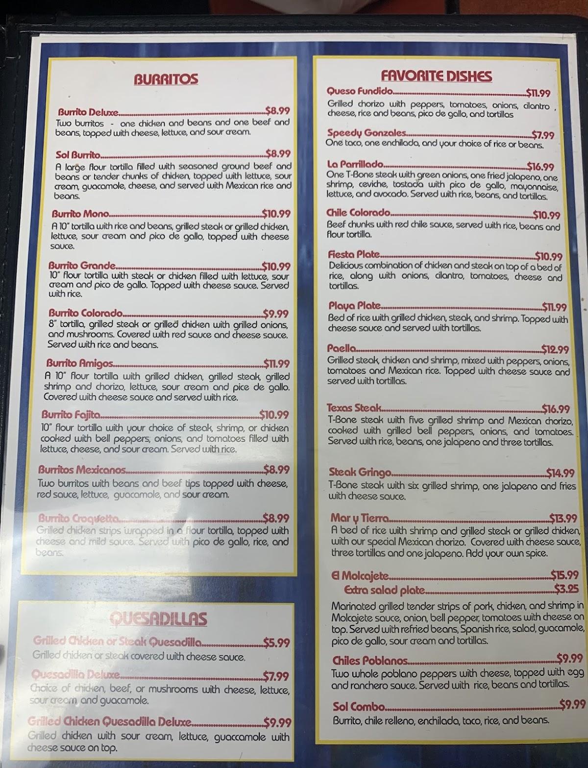 Menu at Sol Del Mar Mexican Bar & Grill, Sullivan