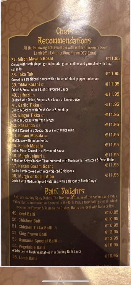 Menu at Usmania Indian Restaurant, Killarney