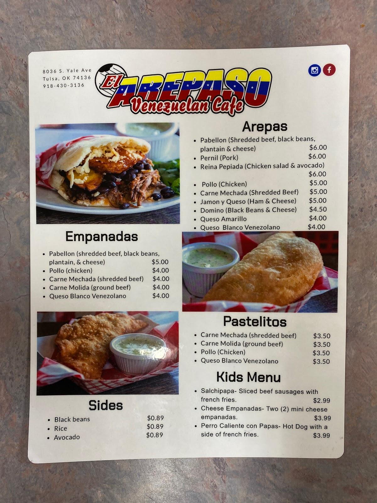 Menu at El Arepaso Venezuelan Cafe, Tulsa