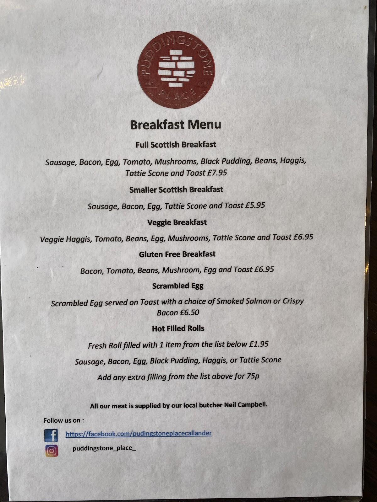 Menu at Puddingstone Place restaurant, Callander, 120 Main St
