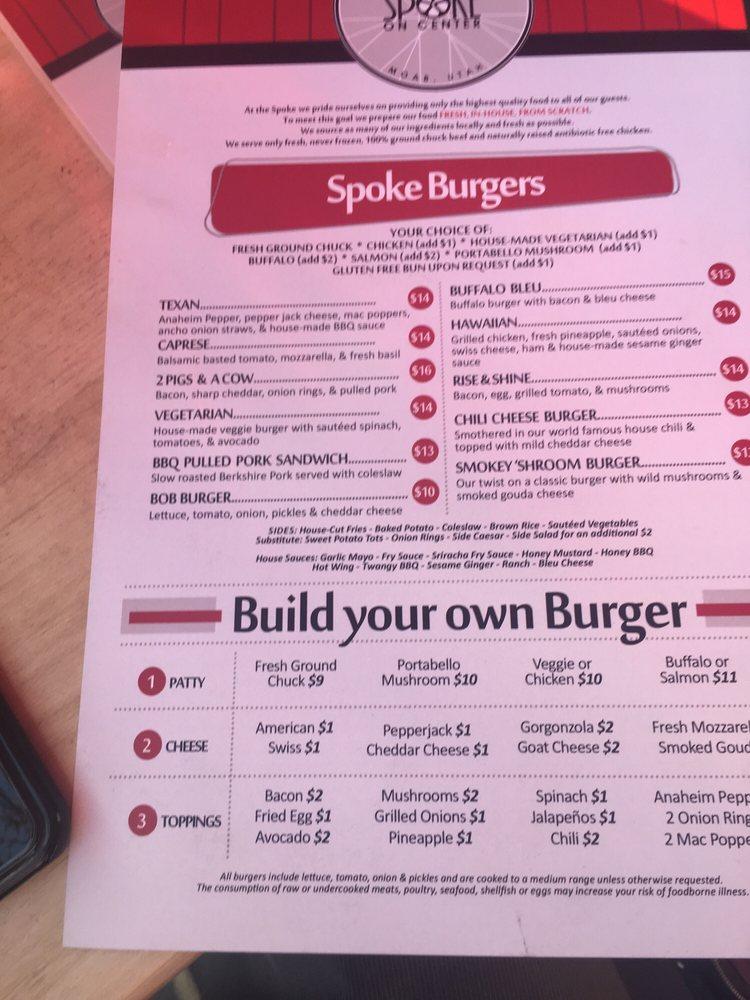 Menu at The Spoke on Center restaurant, Moab