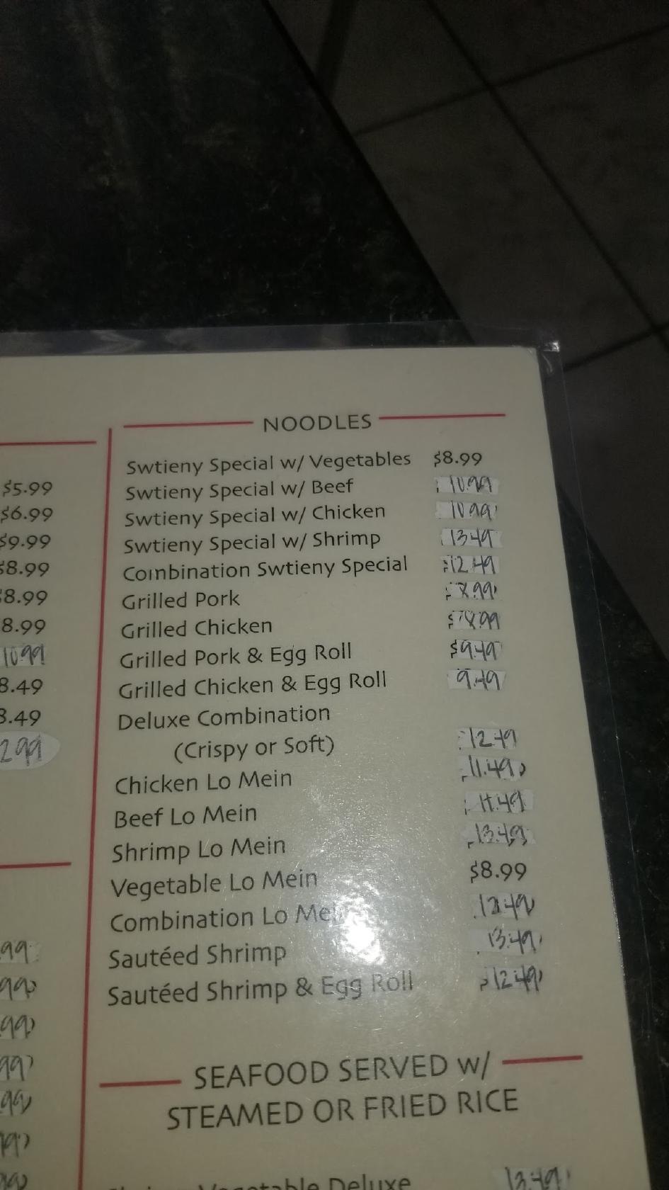 Menu at Tran's Restaurant, Palacios
